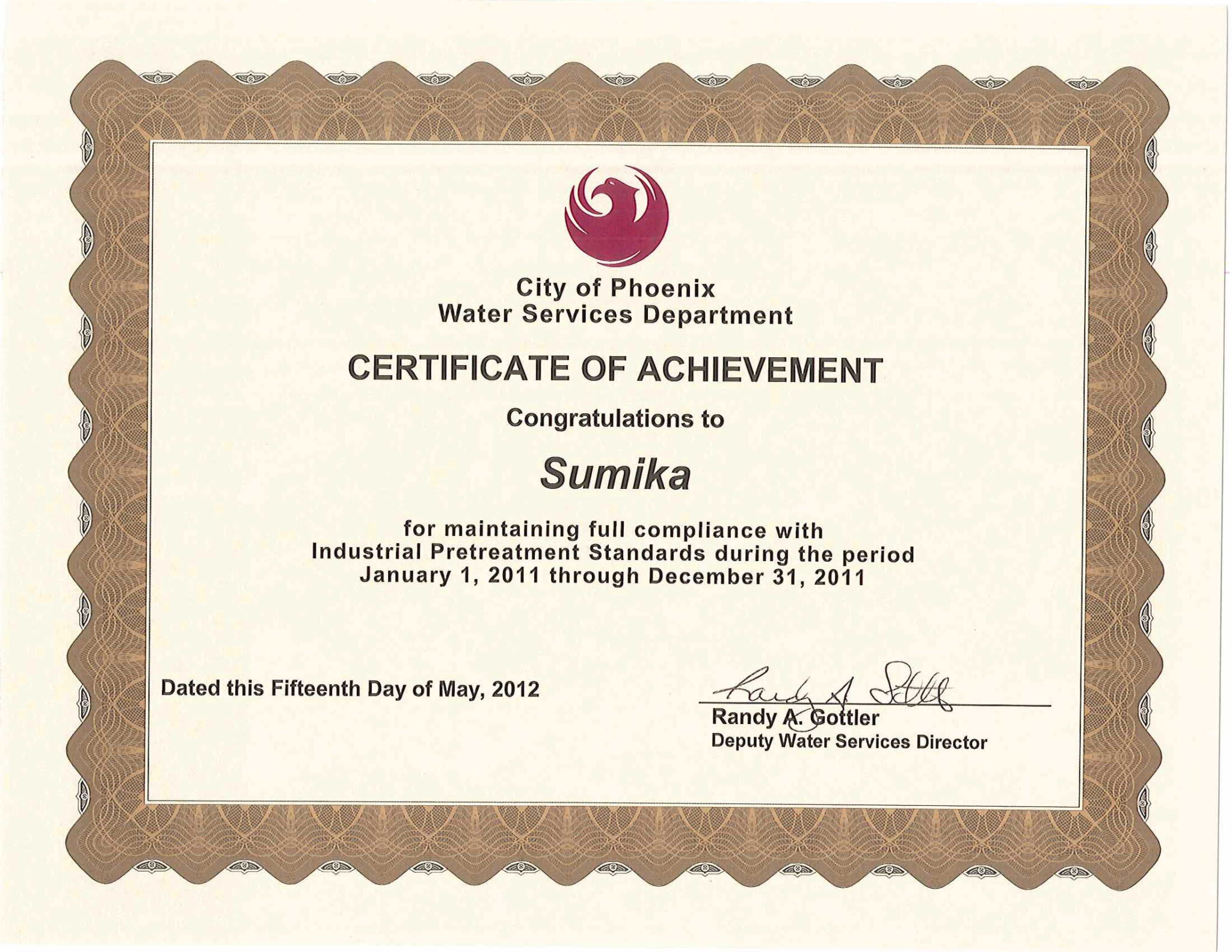 City of Phoenix Certificate for Full Compliance – Sumitomo Chemical ...